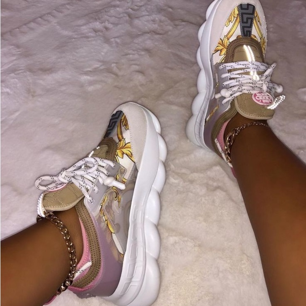 Versace Chain Reaction Pink Platform Suede Tan Leathe… - Gem